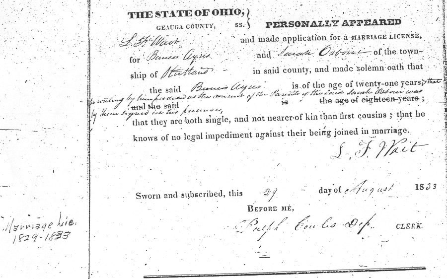 L. F. WAIT - License Application for Buenos AYRES & Sarah OSBORN ...