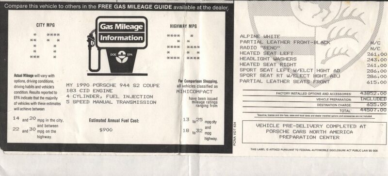1990 Porsche 944 S2 - Original Window Sticker