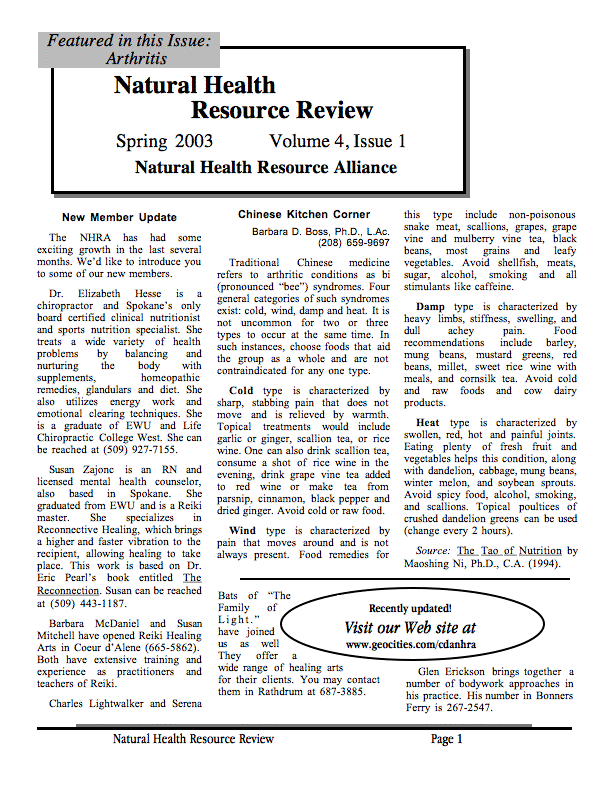 Natural Health Resource Review, Spring 2003
