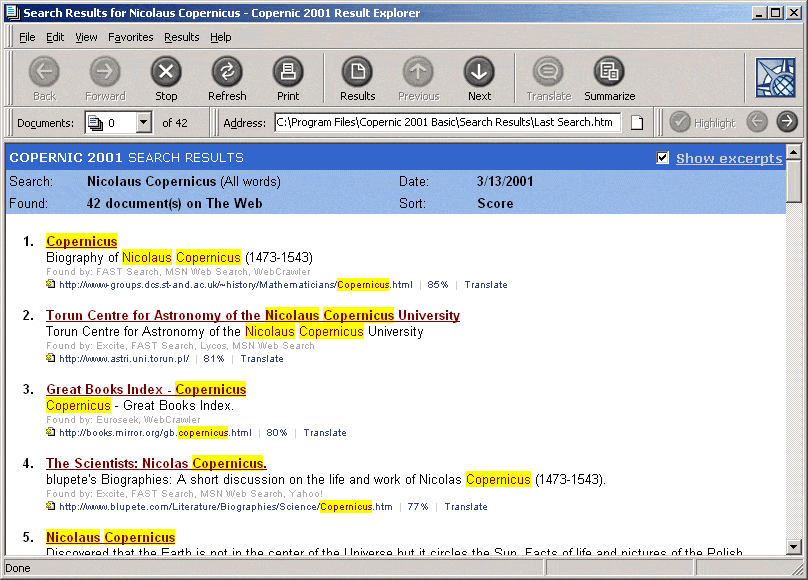 Copernic 2001 browser screenshot