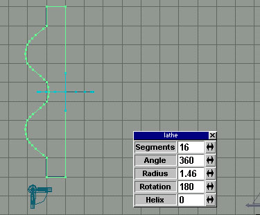 Set the lathe Segments to 16, the Angle to 360 and the Rotation to 180 ...