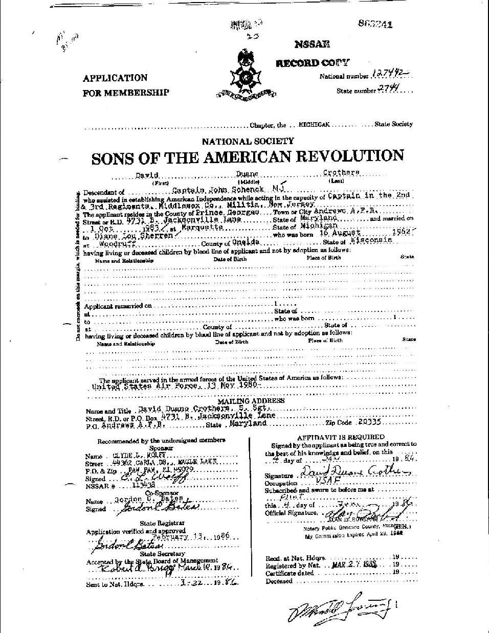 NSSAR Application of David Duane Crothers