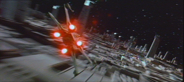 An X-Wing heads towards an opening in the Death Star II