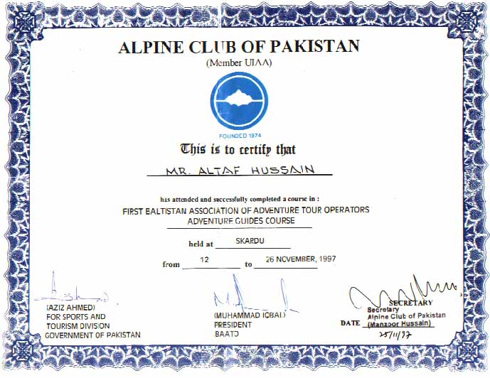 Certificate from Adventure Guide Course