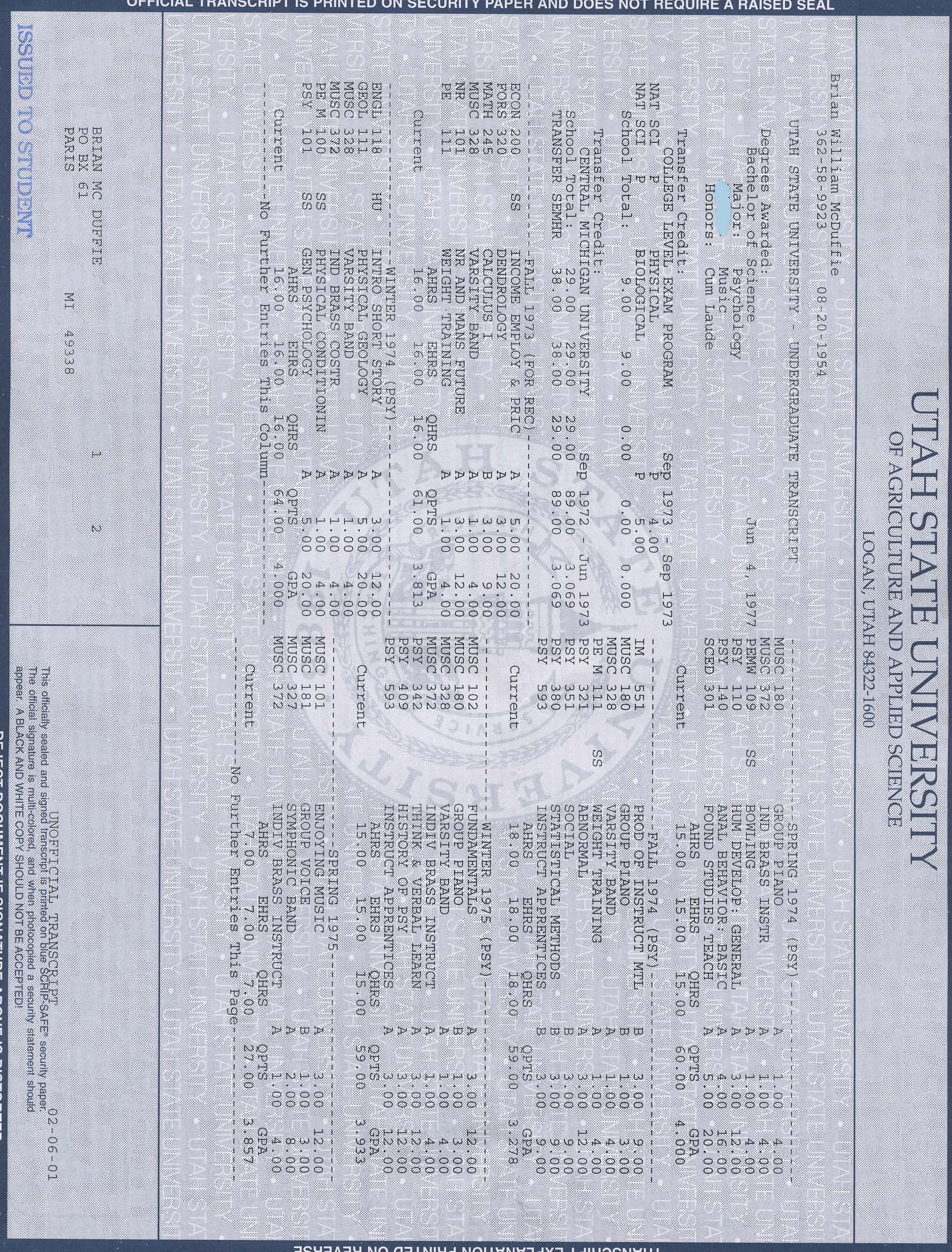 USU Transcript for BS in Psychology Page 1: Brian McDuffie
