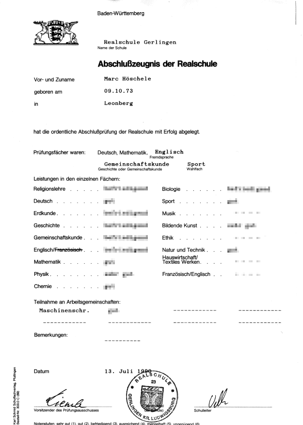 Bewerbungsunterlagen von Marc Höschele