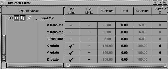 Click on Use Joint and Use Limits column entries in the spreadsheet to ...