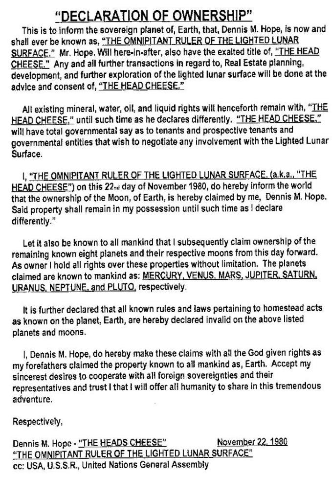 Lunar Embassy Declaration Of Moon Ownership