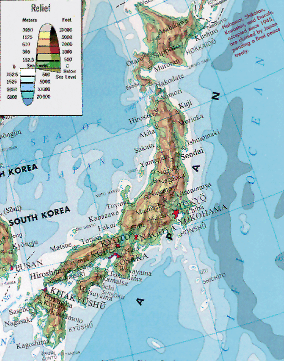 Topographical Map of Japan. Click on the Map for a larger version