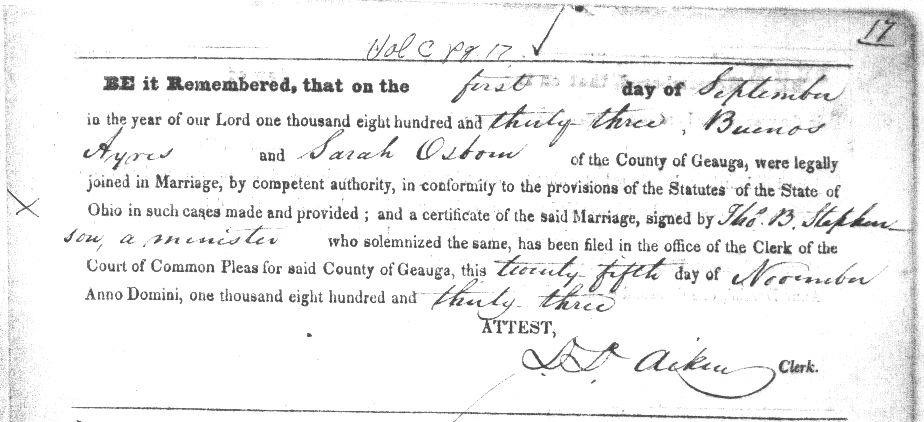 Asa AYRES & Sarah OSBORN - IMAGE of Marriage Cert. - OH, 1 Sept 1833