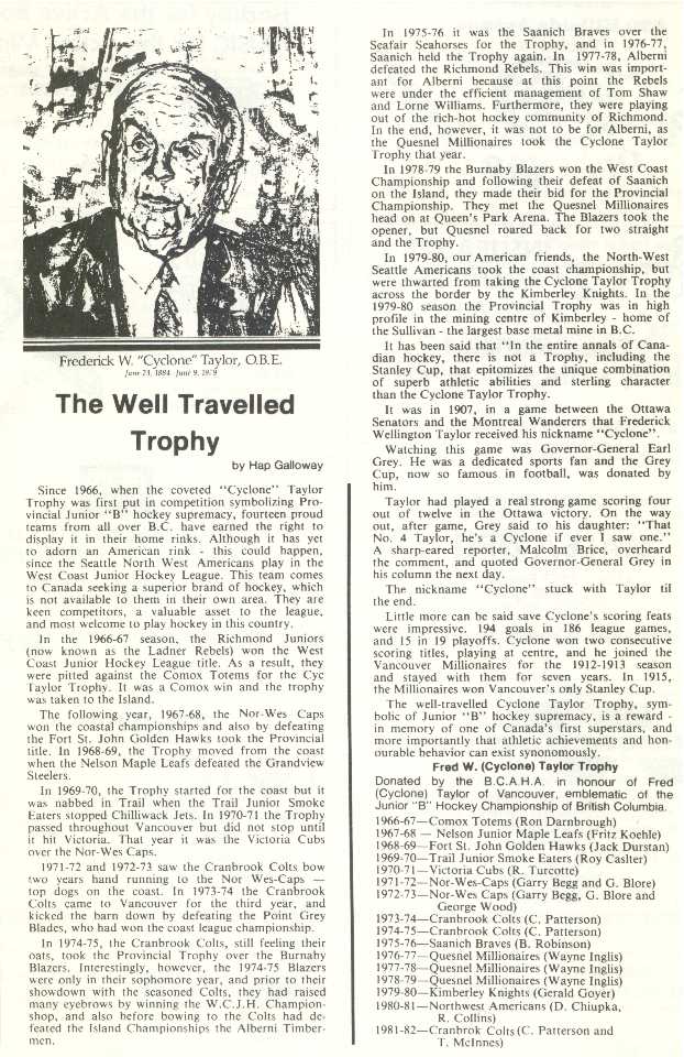 The Fred "Cyclone" Taylor Trophy - B.C. Junior B Provincial ...