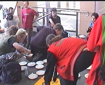 S11 pie fight outside court