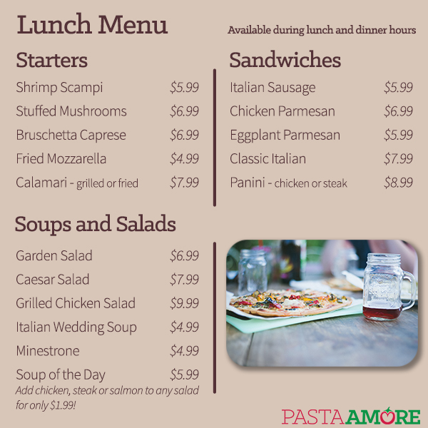 Lunch Menu - Pasta Amore
