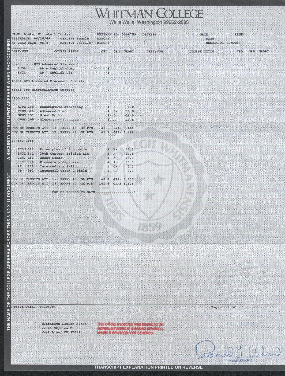 Education Documents for Elizabeth Biska