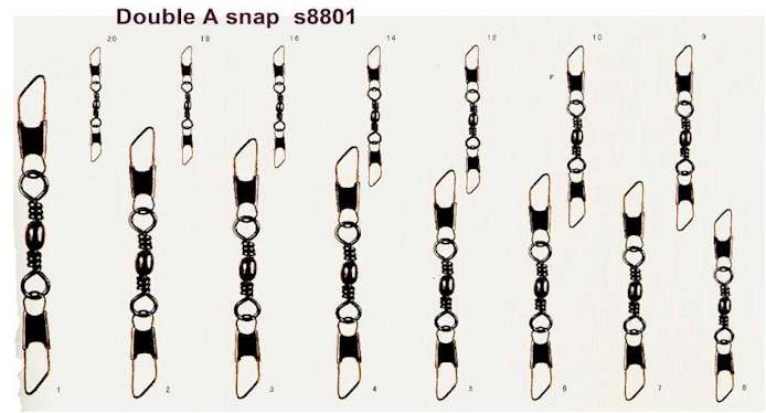 Crane, rolling and barrel swivels. Crossline, interlocking Snap